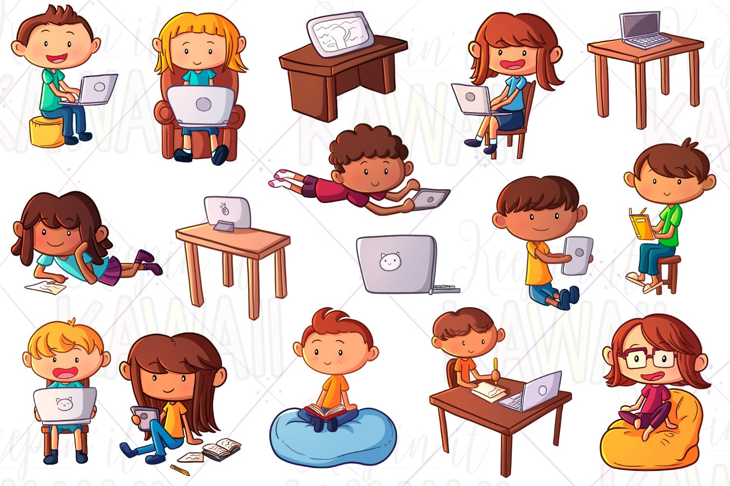 Cute Distance Learning Clip Art Kawaii School Kids Portable - Etsy