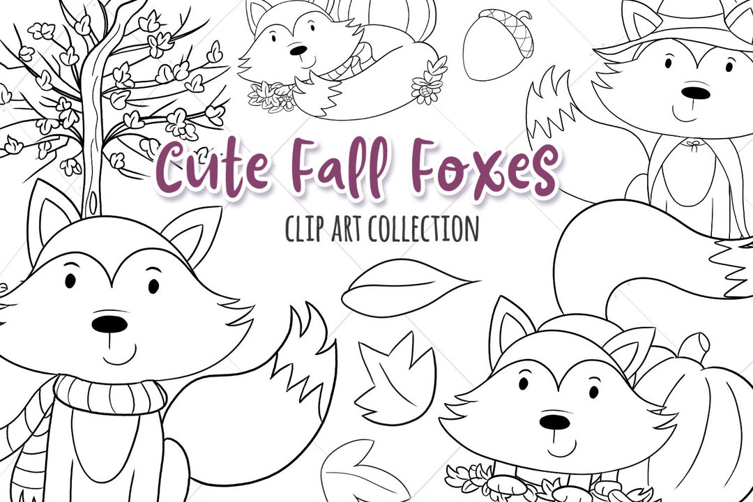 Cute Fall Foxes Black and White Clip Art Collection, Kawaii Foxes ...