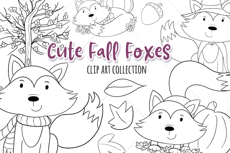 Cute Fall Foxes Black and White Clip Art Collection Kawaii | Etsy