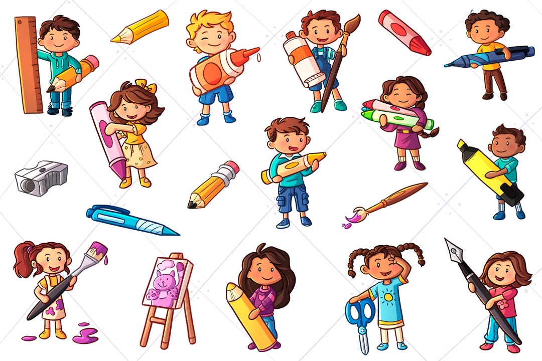 Kids With Big Art Supplies Clip Art, School Supply Clipart, Kids School ...