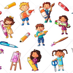 Kids With Big Art Supplies Clip Art, School Supply Clipart, Kids School ...