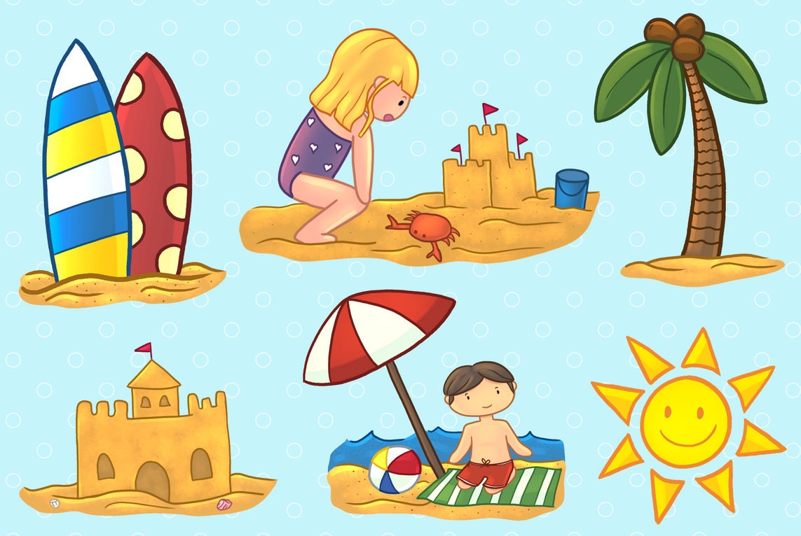 Fun Day at the Beach Clip Art Set Cute Kids Beach Clip Art Summer Time ...