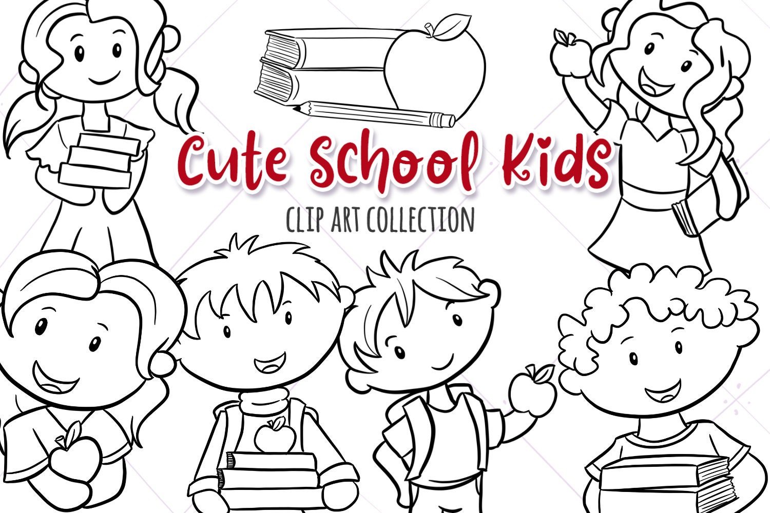 Back to School Kids Black and White Clip Art Collection Cute - Etsy