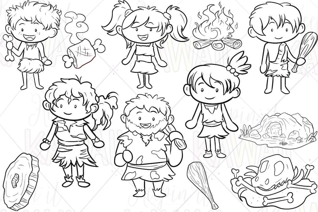 Kids Cave Man Clip Art, Kawaii Cave Men, Cave Man Family, Clip Art for ...