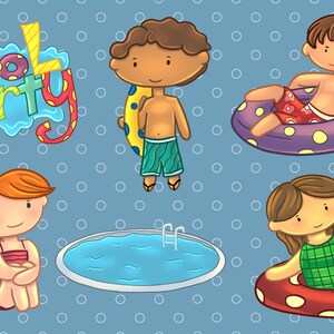 Kids Pool Party Clip Art Set - Cute Kids Pool Party Clipart - Summer ...