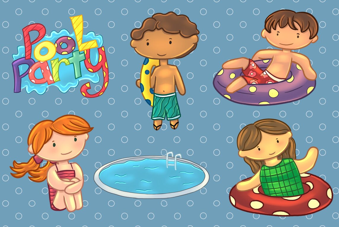 Kids Pool Party Clip Art Set - Cute Kids Pool Party Clipart - Summer ...