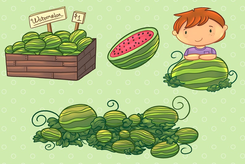 Watermelon Patch Kids Clip Art Set Cute Kids Watermelon Clip Art Summer ...