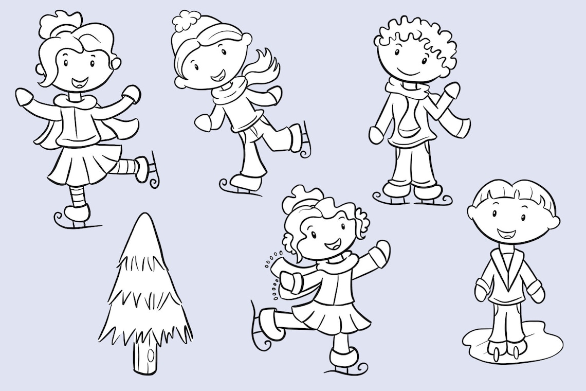 Cute Ice Skating Kids Black and White Clipart Cute Winter - Etsy