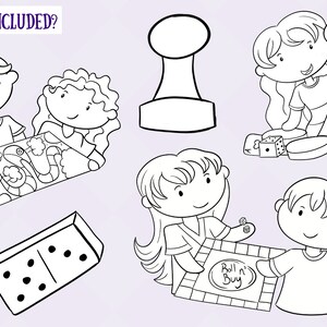 Cute Kids Playing Board Games Black and White Clip Art, Board Game ...