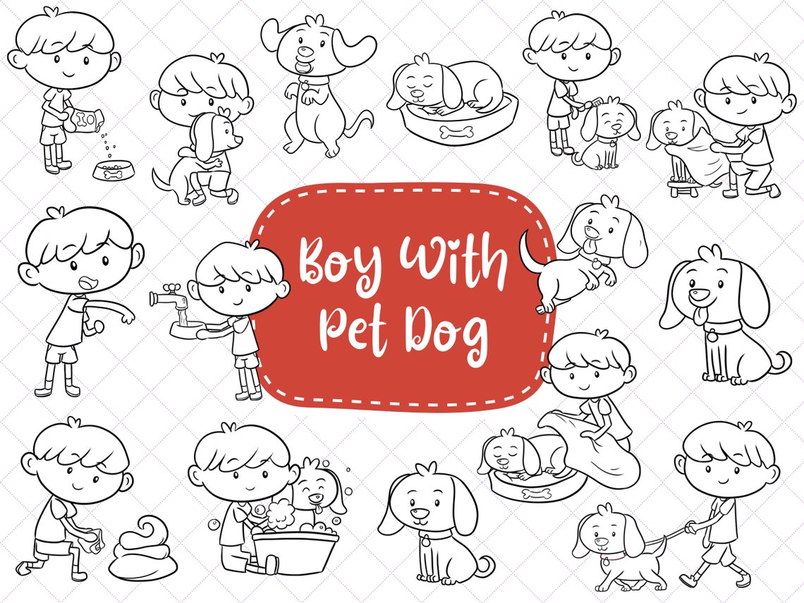 Boy With Pet Dog Clip Art, Cute Pets Clipart, Cute Kids and Pets ...