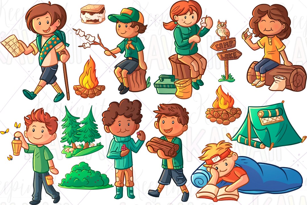 Cute Camping Clip Art, Kawaii Kids Camping, Camping Party, S'mores ...