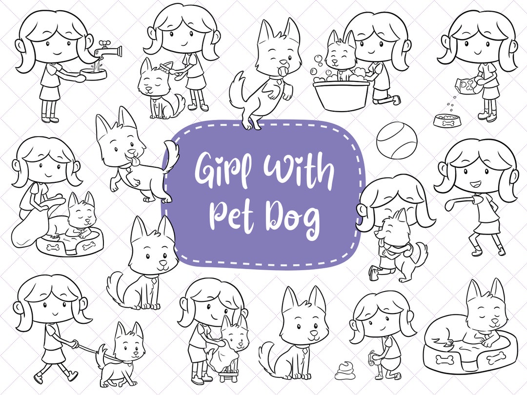 Girl With Pet Dog Clip Art, Cute Pets Clipart, Cute Kids and Pets ...