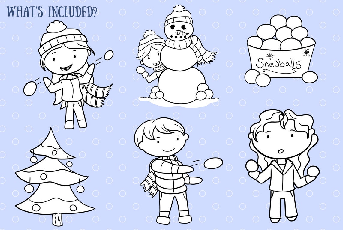 Snow Ball Fight Winter Wonderland Digital Stamp Set, Cute Kids Snowball ...