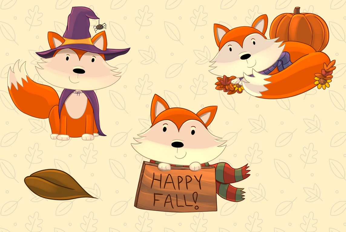 Cute Fall Foxes Clip Art Collection, Kawaii Foxes Clipart, Cute ...