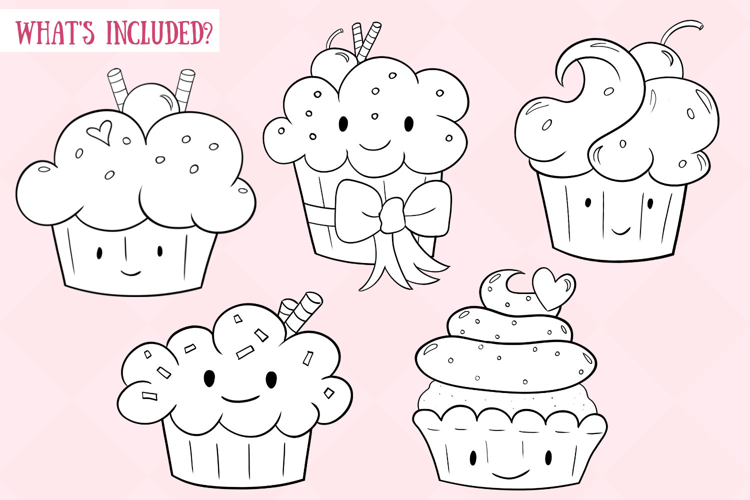 Kawaii Cupcake Black and White Clip Art Collection, Kawaii Cupcakes ...