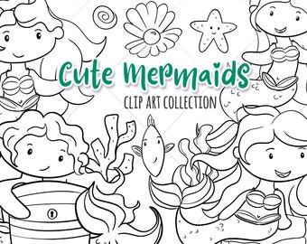 Hand Drawn Clipart, Mermaid Clipart, Digital Stamps, Cute Coloring ...