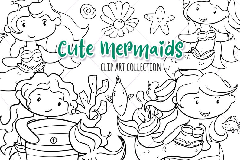 Mermaid Black and White Clipart, Mermaids Digital Stamps, Ocean Life ...