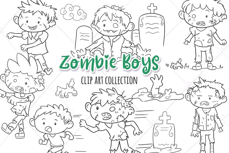 Cute Zombie Halloween Clip Art Collection, Zombie Boys Graphics, Zombie ...