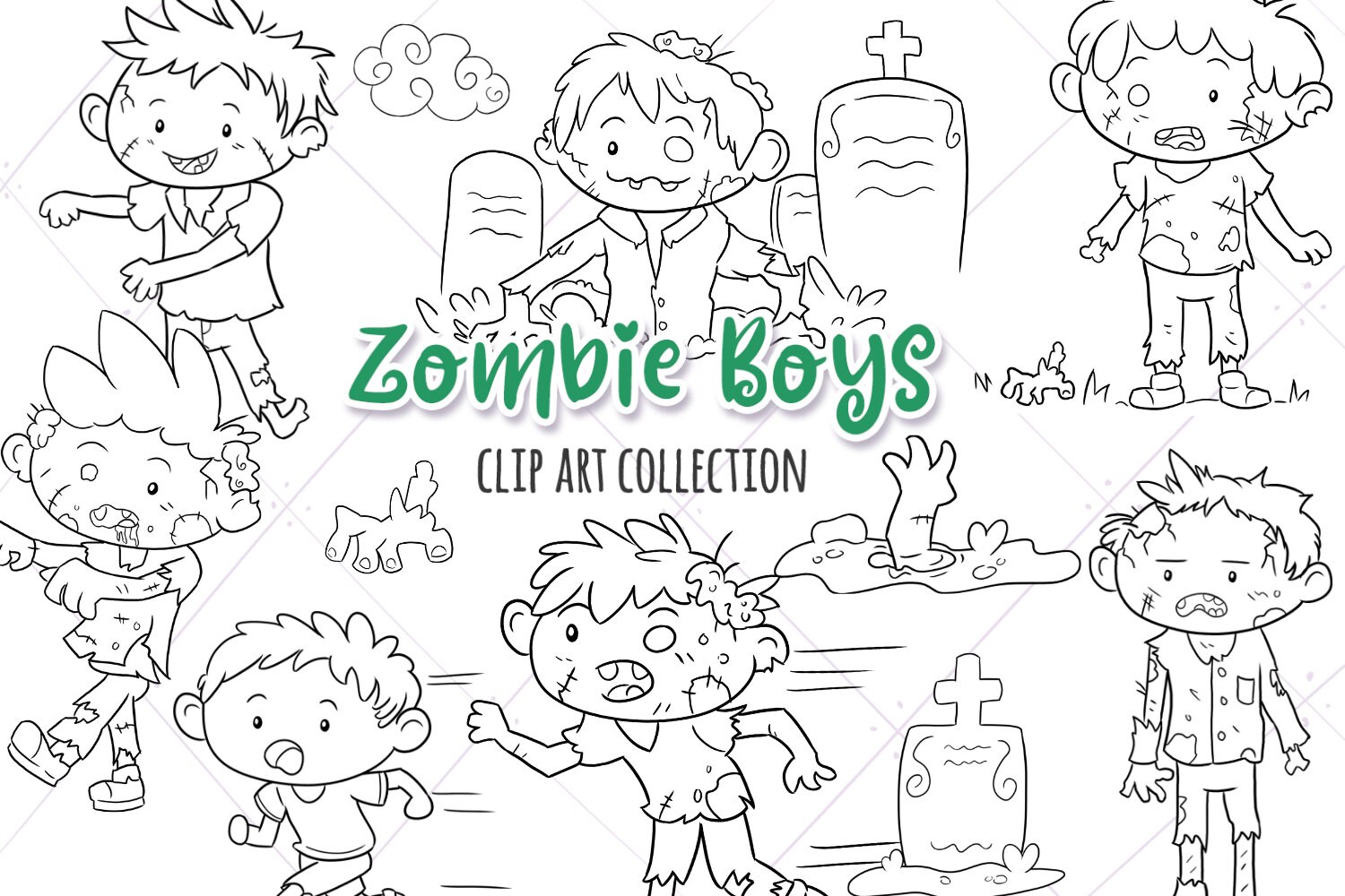 Cute Zombie Halloween Clip Art Collection, Zombie Boys Graphics, Zombie ...
