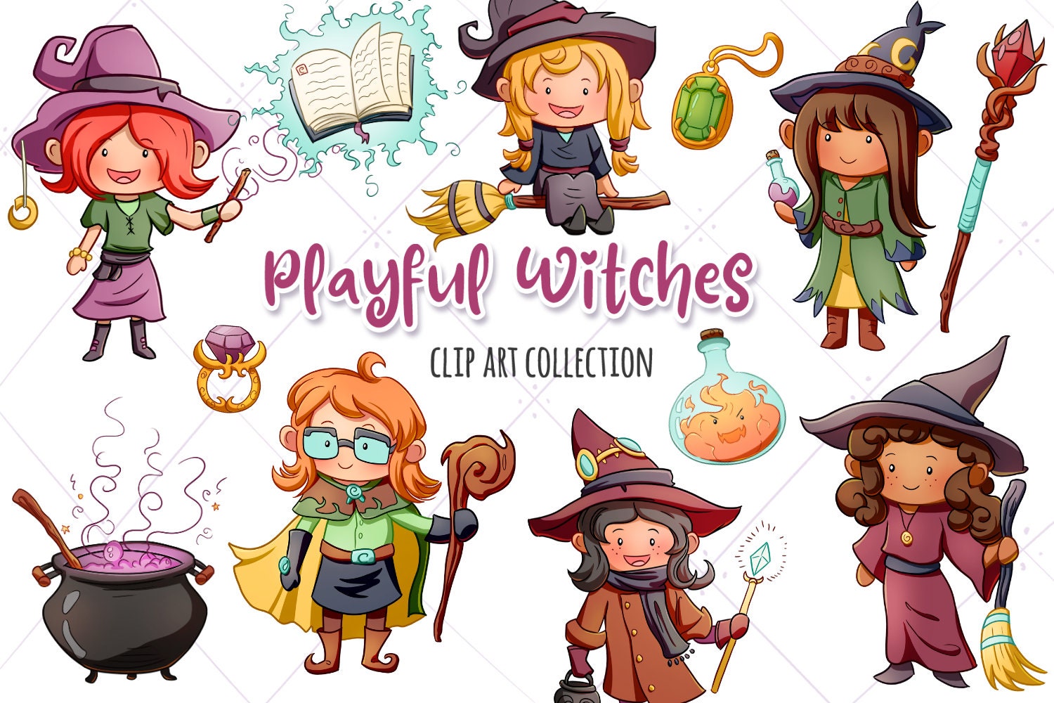 Cute Witch Clip Art Witch and Wizard Clipart Magic Story Craft Supplies ...