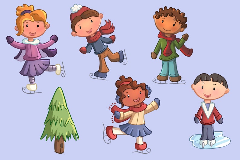 Cute Ice Skating Kids Clipart Cute Winter Clip Art Kawaii - Etsy