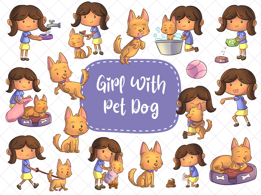 Girl With Pet Dog Clip Art, Cute Pets Clipart, Cute Kids and Pets ...