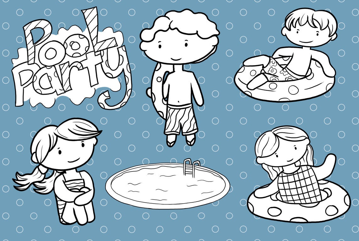 Kids Pool Party Digital Stamp Set Cute Kids Pool Party Clipart Summer ...