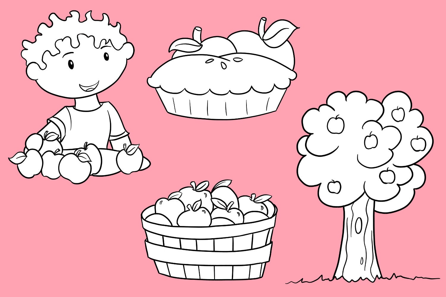 Apple Harvest Black and White Clip Art Collection, Fall Apples, Kids ...