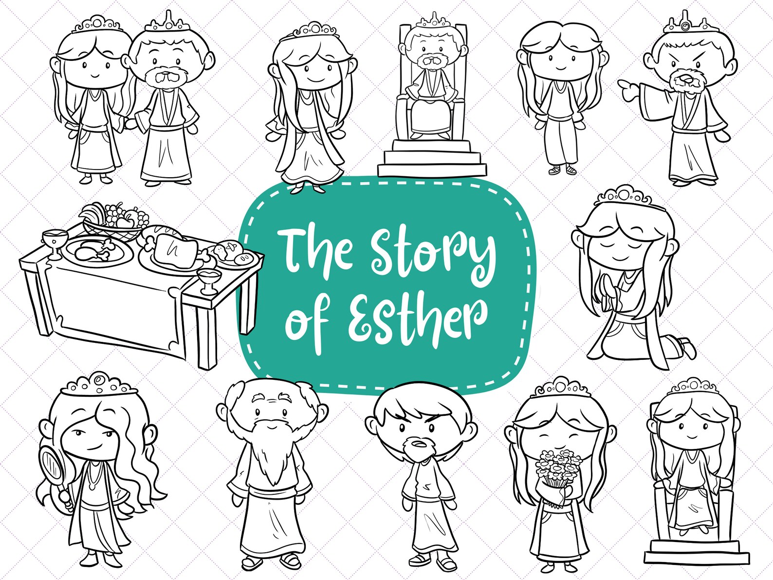 Queen Esther Bible Story Clipart, Bible Characters Clipart, Old ...