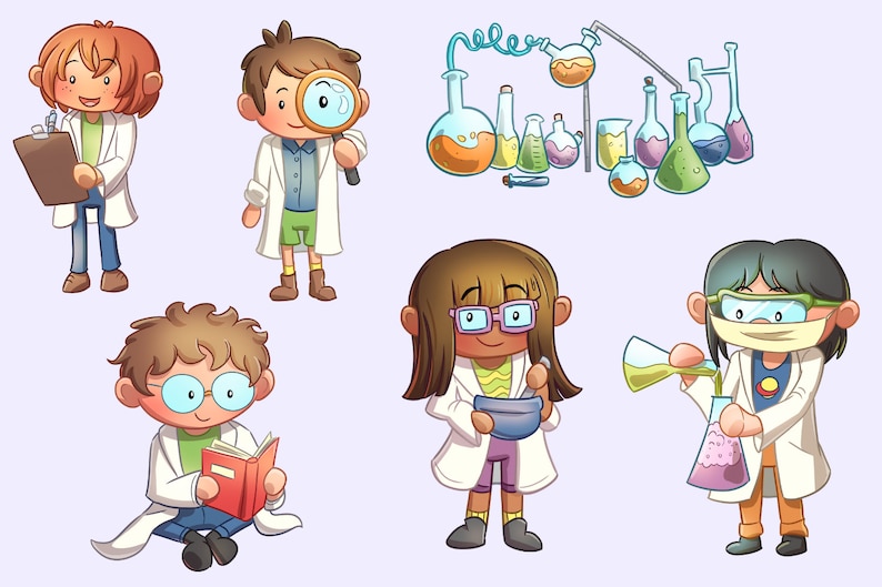 Buy Cute Science Lab Clipart, Kid Scientist Clip Art, Kawaii Laboratory ...