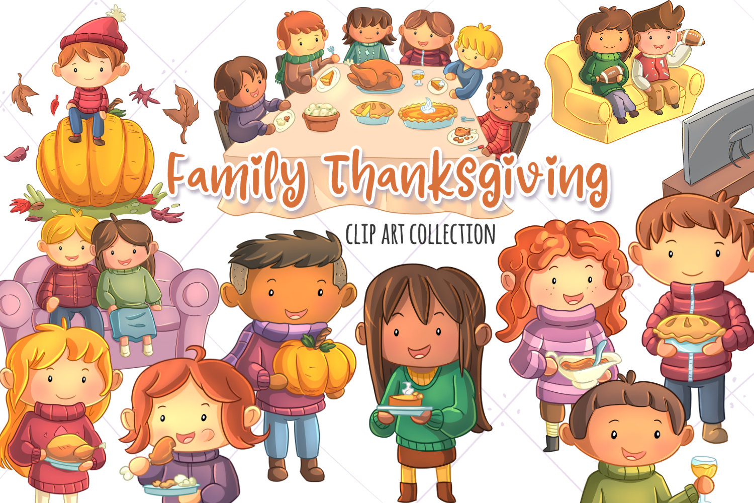 Family Thanksgiving Clip Art, Fall Thanksgiving Gathering, Cute ...