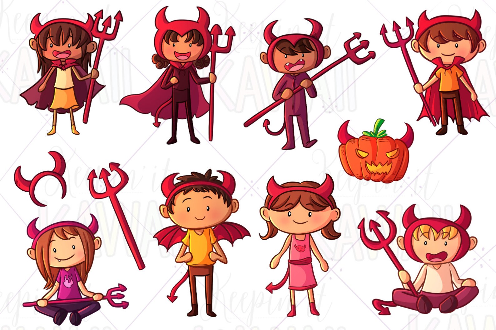 Cute Little Devils Clip Art, Kawaii Halloween Devils, Cute Monsters, Clip Art for Teachers - Etsy