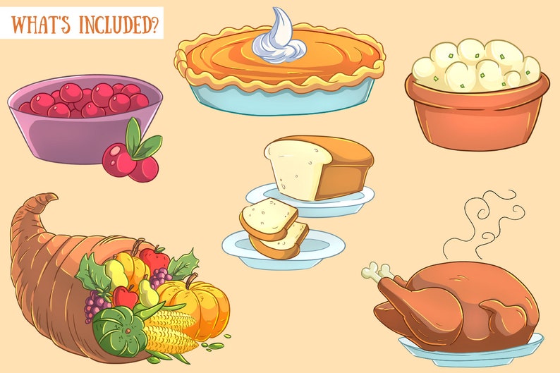 Cute Thanksgiving Feast Clipart, Thanksgiving Food Clip Art, Kawaii ...