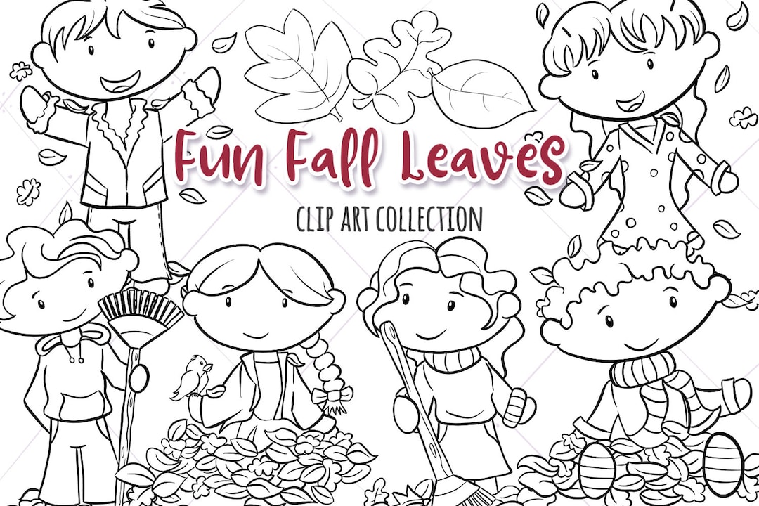Cute Kids Playing in Fall Leaves Digital Stamp Set, Autumn Kids Playing ...