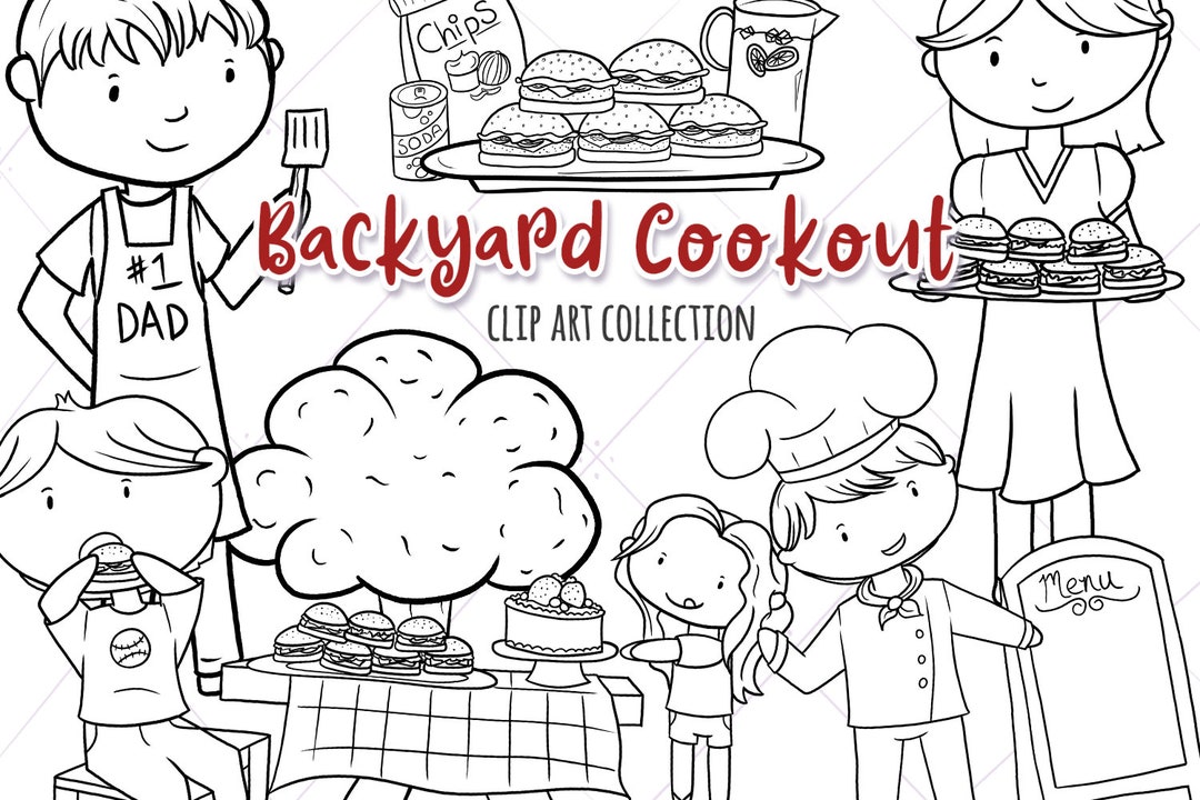 Backyard Barbeque Black and White Digital Stamps, BBQ Stamps, Backyard ...