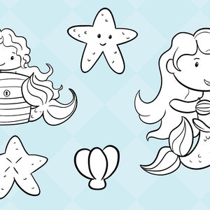 Mermaid Black and White Clipart, Mermaids Digital Stamps, Ocean Life ...