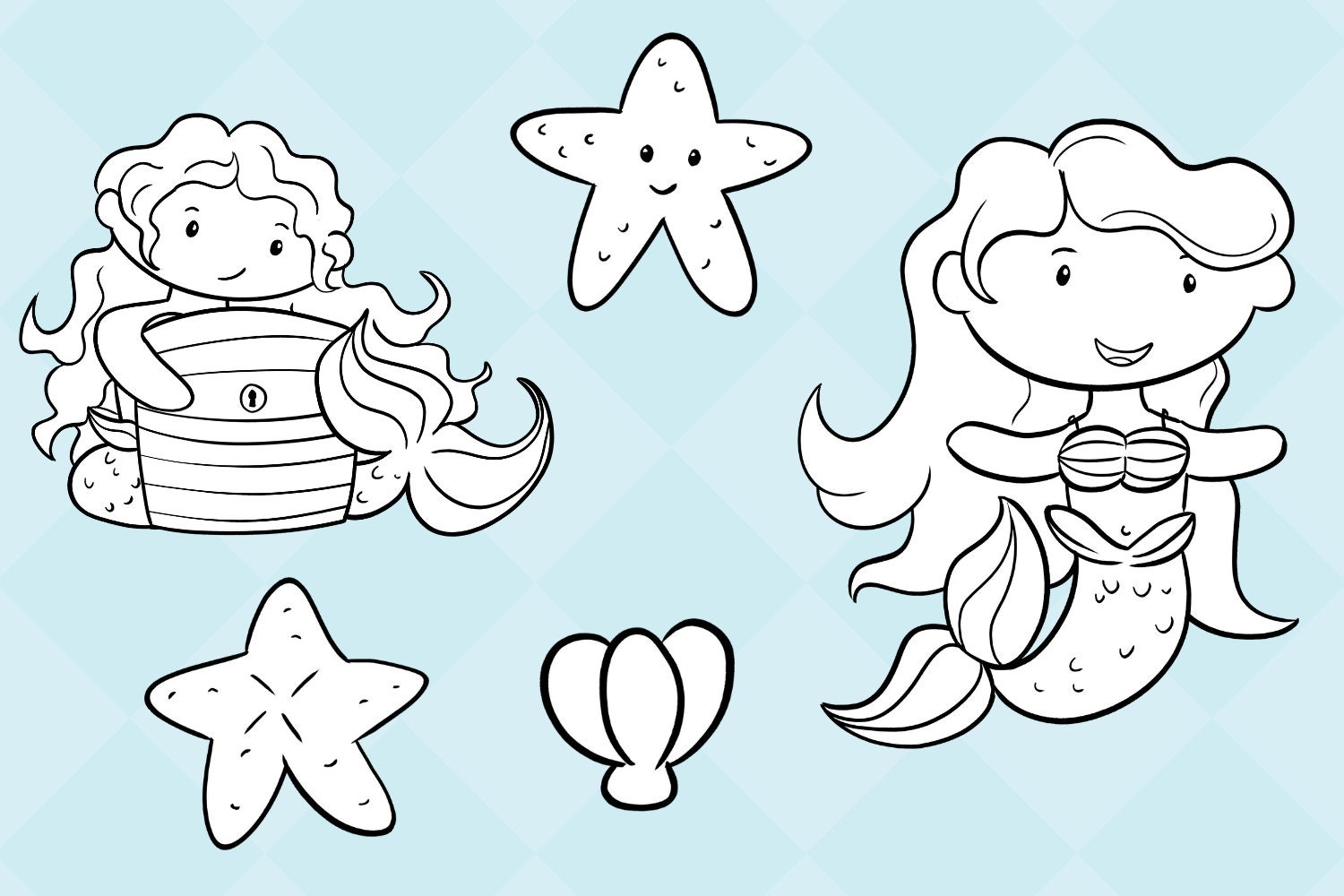 Mermaid Black and White Clipart, Mermaids Digital Stamps, Ocean Life ...