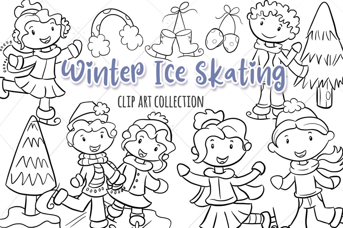Cute Ice Skating Kids Black and White Clipart Cute Winter - Etsy
