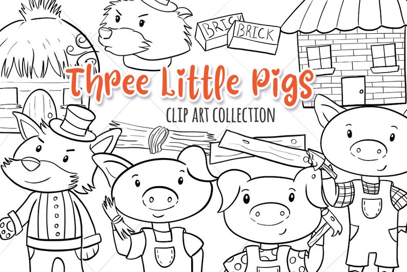 Three Little Pigs Fairy Tale Black and White Illustrations, Fairy Tale ...
