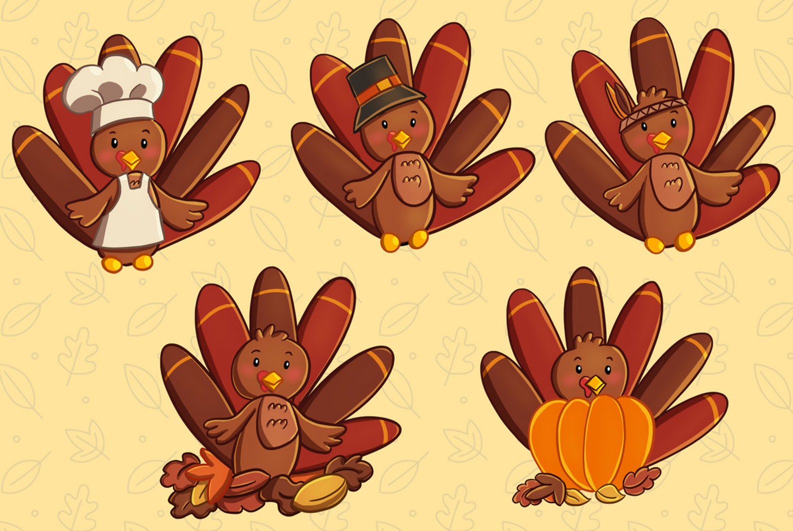 Cute Turkeys Thanksgiving Clip Art Fall Turkeys Kawaii - Etsy
