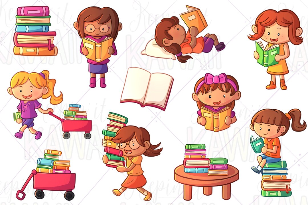 Reading Girls School Clip Art, Kawaii School Girls, Kids Reading, Clip ...