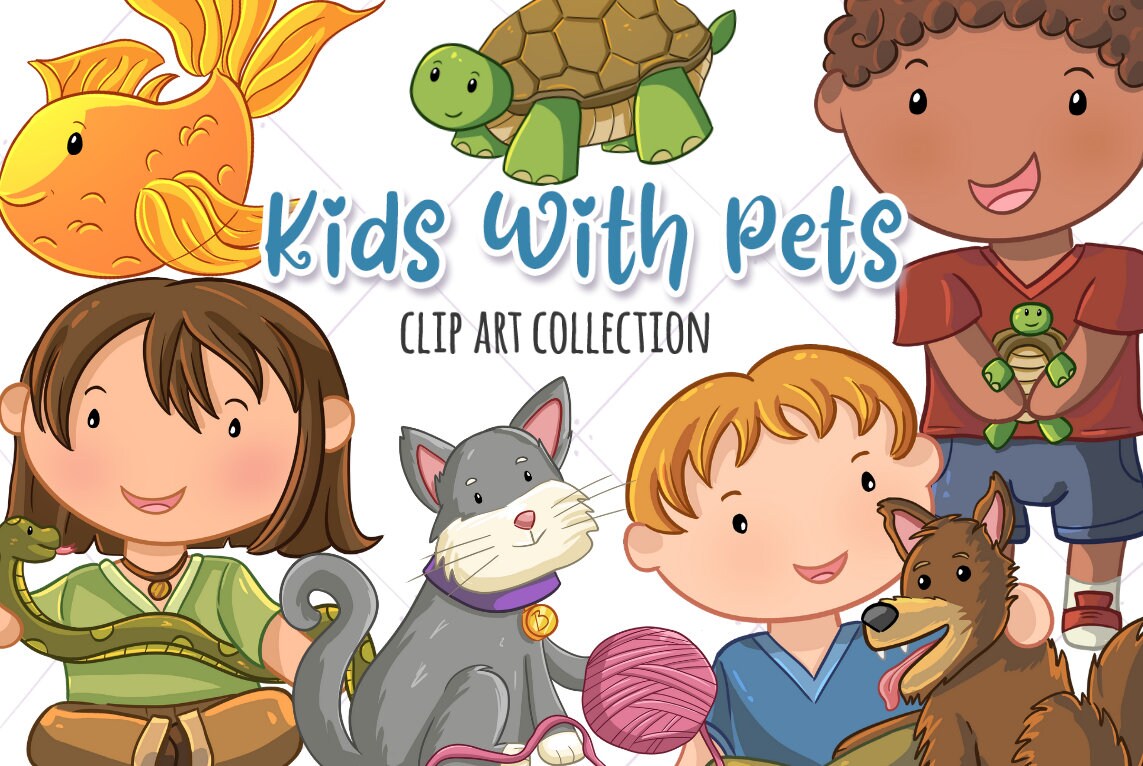 Cute Kids With Pets Clip Art, Kids and Pets Graphics, Kawaii Animals ...
