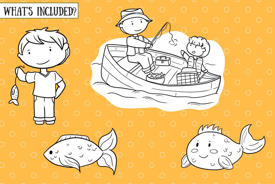 Cute Fishing Digital Stamp Set Cute Kids Fishing Stamps Summer Time ...