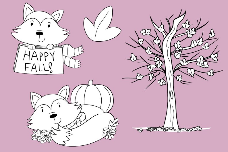 Cute Fall Foxes Black and White Clip Art Collection Kawaii - Etsy