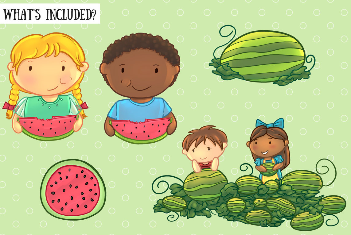 Watermelon Patch Kids Clip Art Set Cute Kids Watermelon Clip Art Summer ...