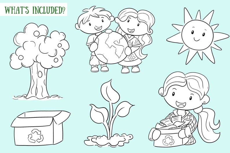Cute Earth Day Themed Black and White Clip Art Collection ...