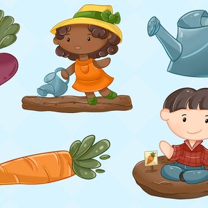 Cute Vegetable Garden Clip Art, Kids in the Garden, Kawaii Food Clipart ...