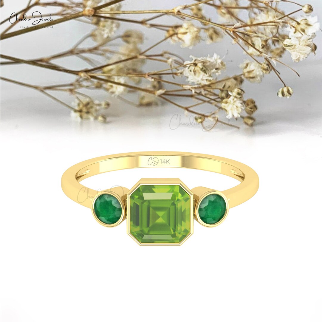 3 Stone Ring Square Octagon Cut Peridot Ring With Emerald, 14k Gold ...