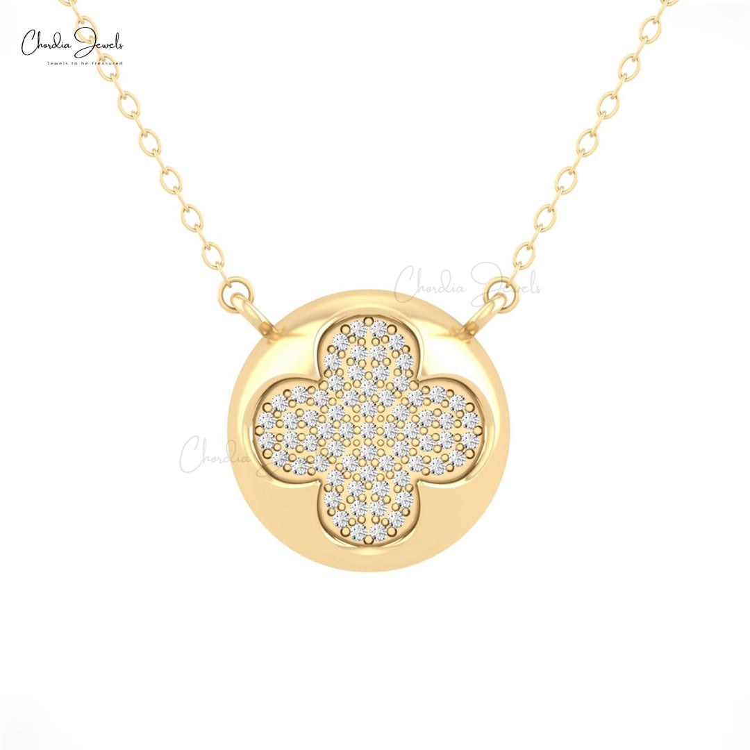 14k Solid Gold Clover Necklace Natural Diamond Clover Necklace, Dainty ...