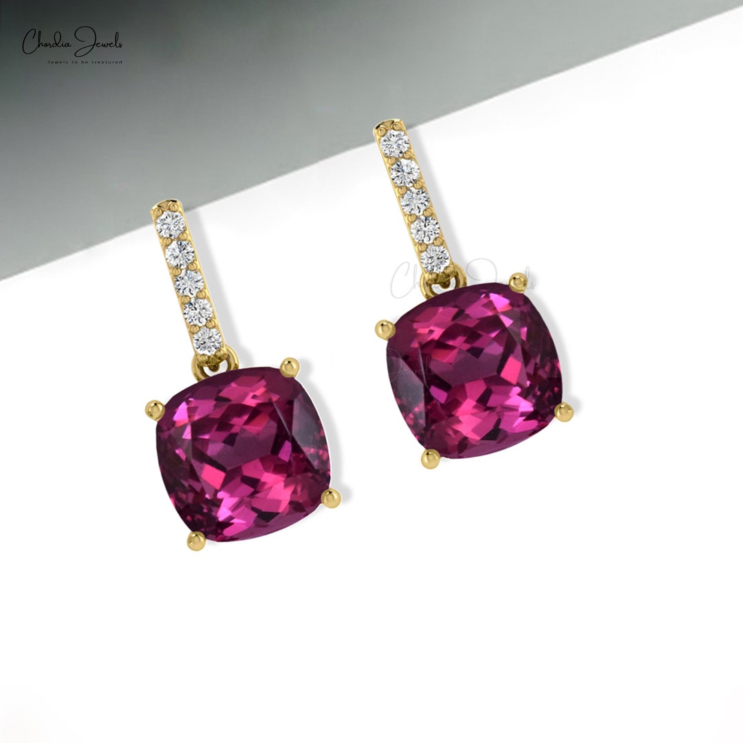 Natural Rhodolite Garnet Earring, 14k Solid Gold Dangling Diamond ...